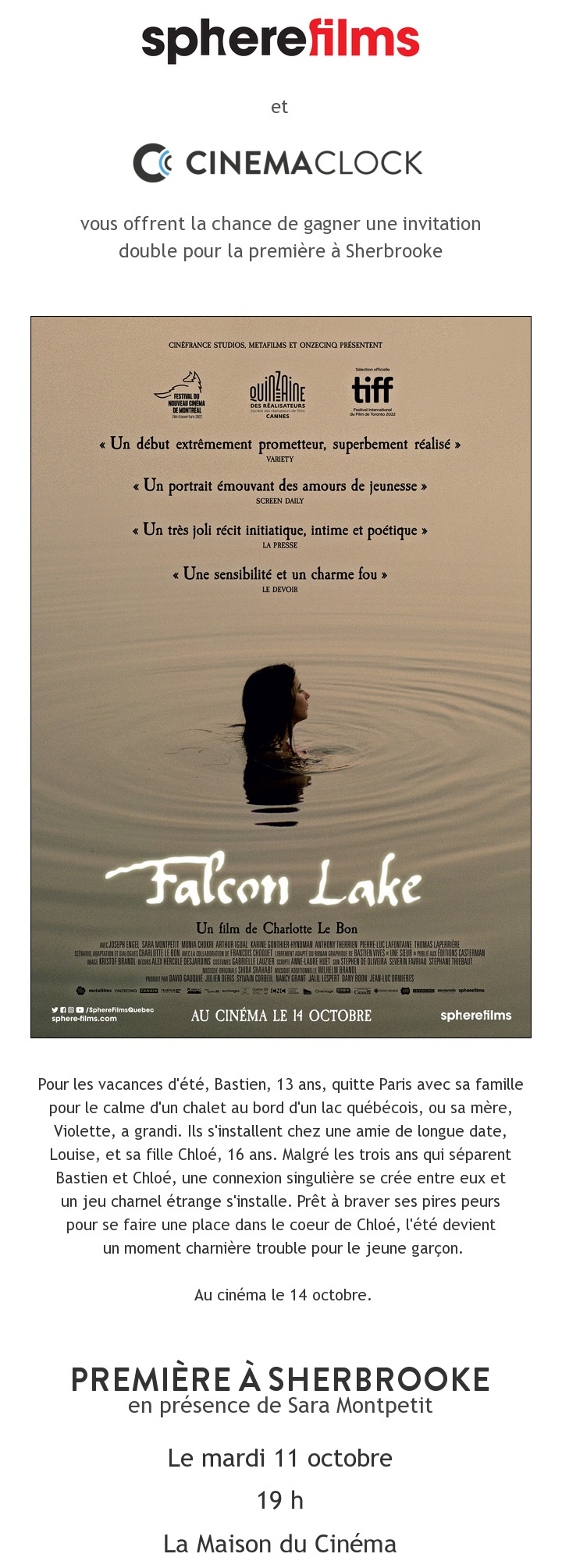 Cinema Clock Promotion - La première à Sherbrooke du film FALCON LAKE