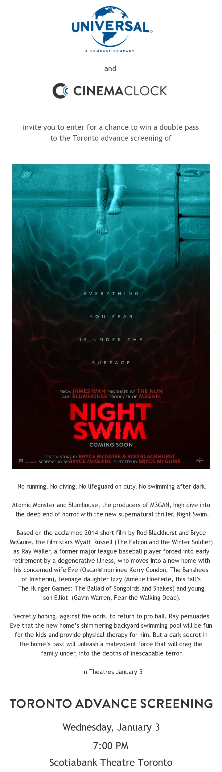 Cinema Clock Promotion - The Toronto advance screening of NIGHT SWIM