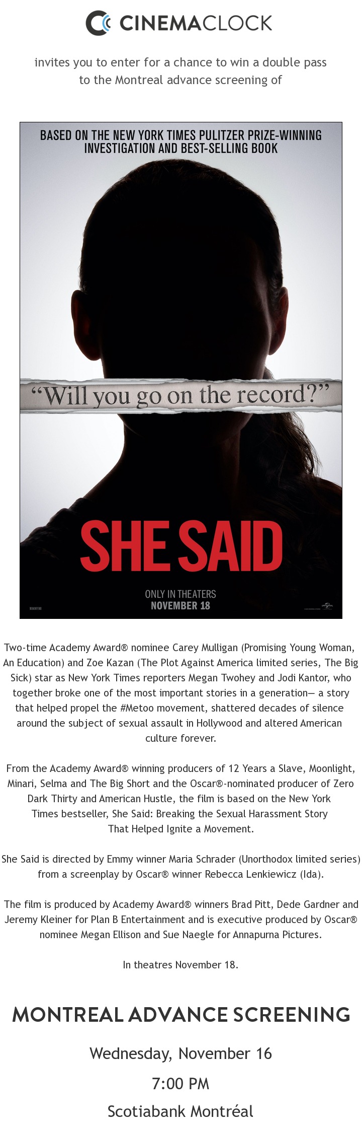 Cinema Clock Promotion The Montreal Advance Screening Of She Said